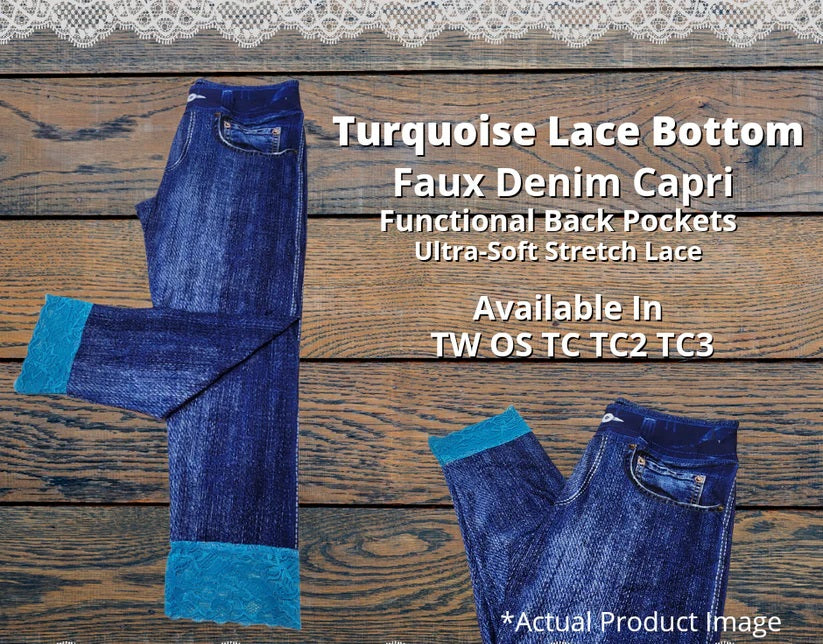 Denim Capri Capris w Lake Blue Turquoise Lace Bottoms – Plus Size For Us