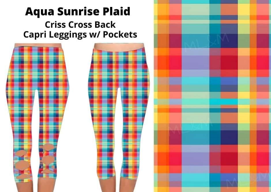 Aqua Pink Orange Green Yellow Plaid X Back Capris Capri – Plus Size For Us
