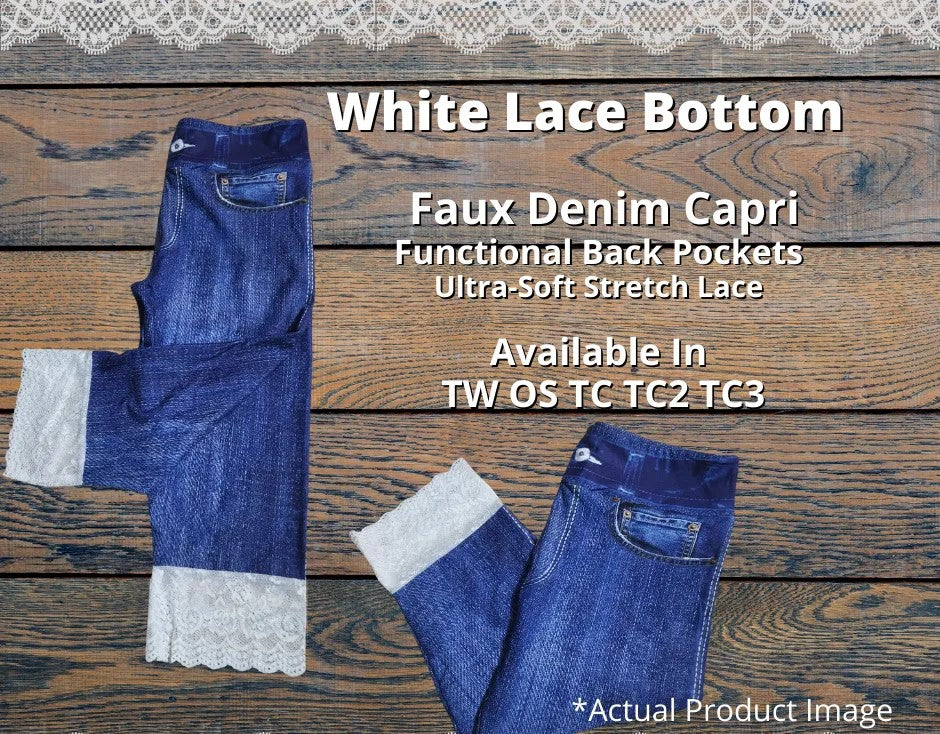 Faux Denim Capri Capris w/ White Lace Bottoms – Plus Size For Us