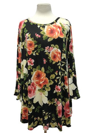 Black Floral Top w Bell Sleeves – Plus Size For Us