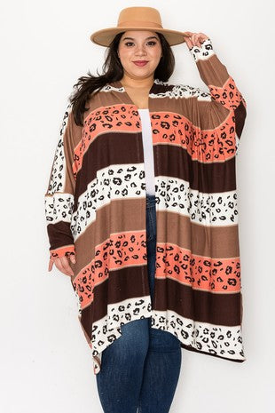 Brown Coral Leopard Stripe Open Front Cardigan – Plus Size For Us