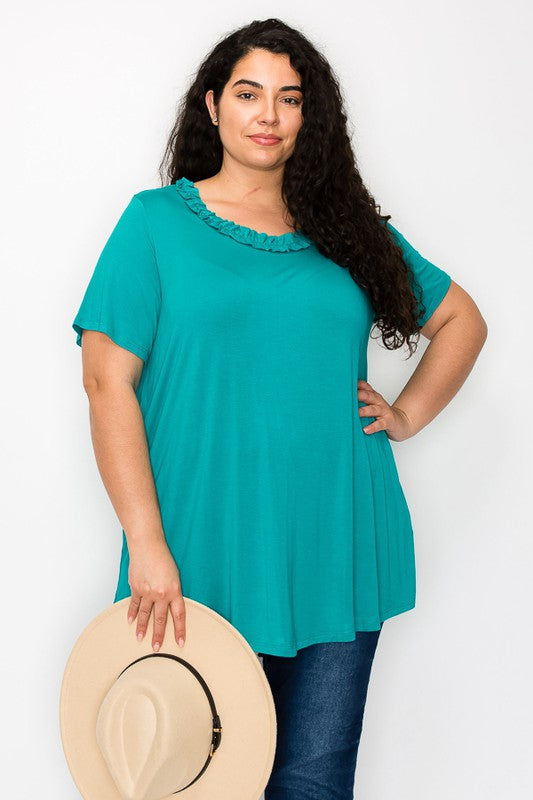 PSFU Solid Jade Ruffle Neckline Shirt Top – Plus Size For Us